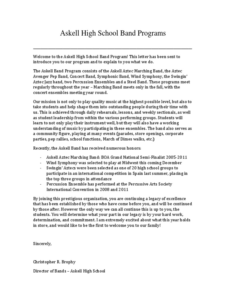 Band Welcome Letter | PDF