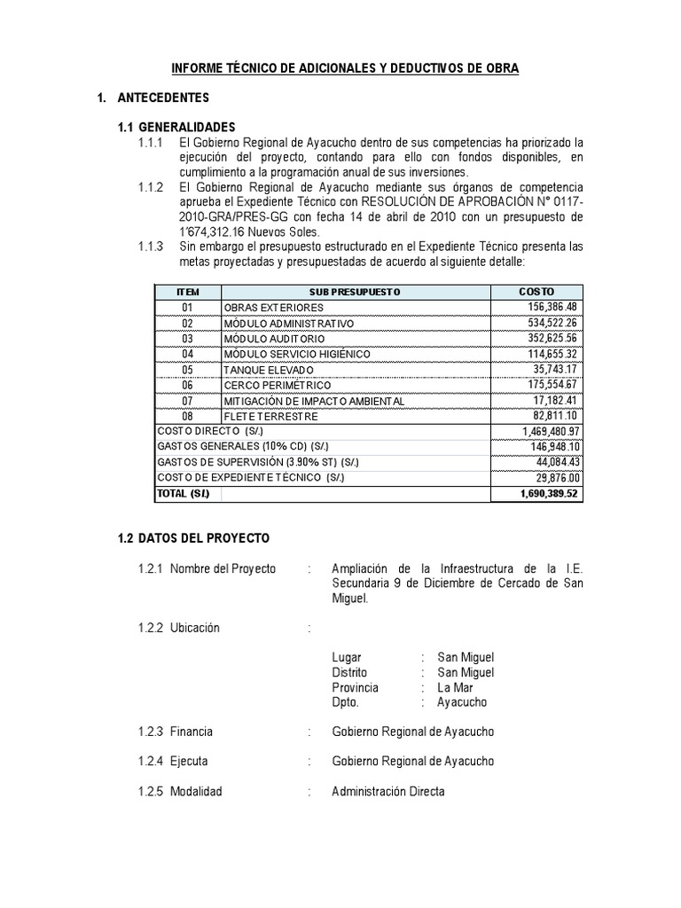 Informe Técnico de Adicionales y Deductivos de Obra