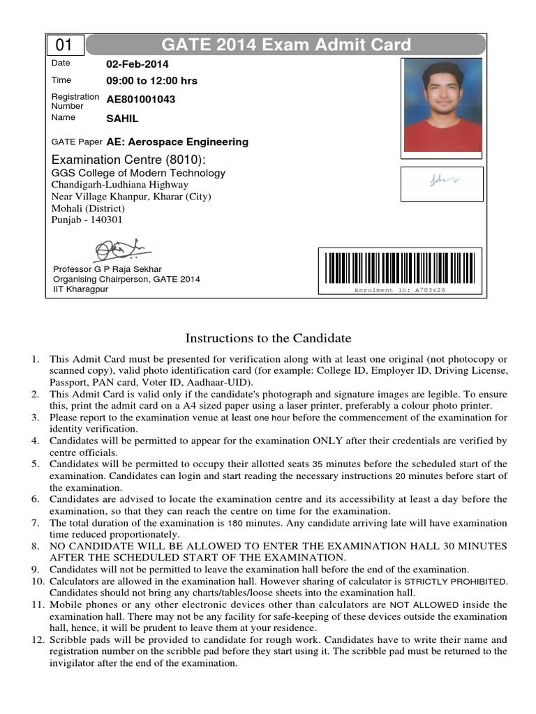 GATE 2014 Exam Admit Card: Examination Centre (8010) | PDF | Identity Document | Access Control