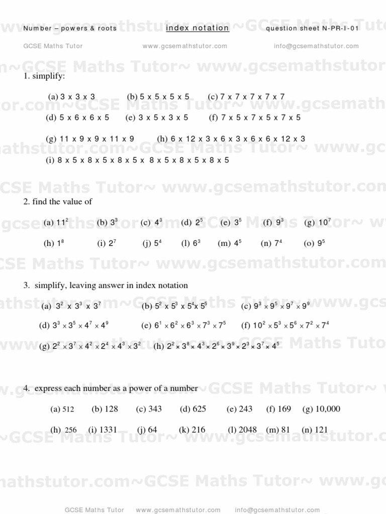Index Notation Worksheet #01, Powers & Roots, Number GCSE Maths Tutor ...