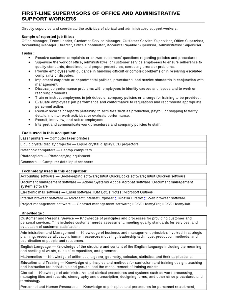 First-Line Supervisors of Office and Administrative Support Workers ...