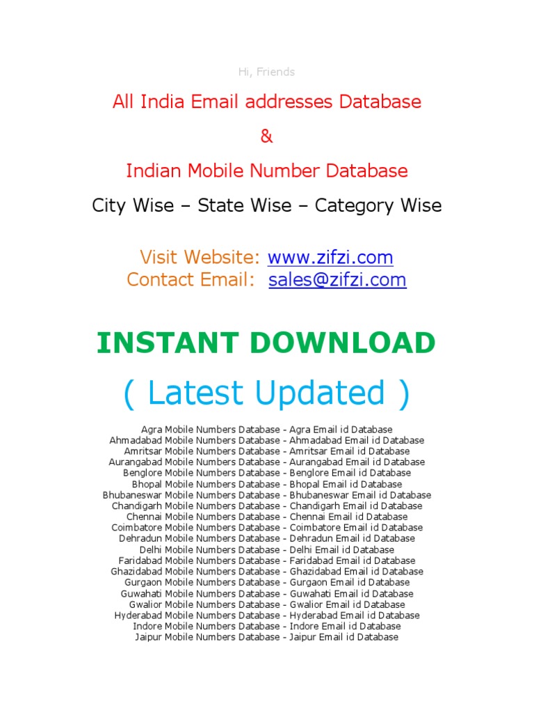 Email ID Database in India-Email Addresses List Online-S1 | PDF ...