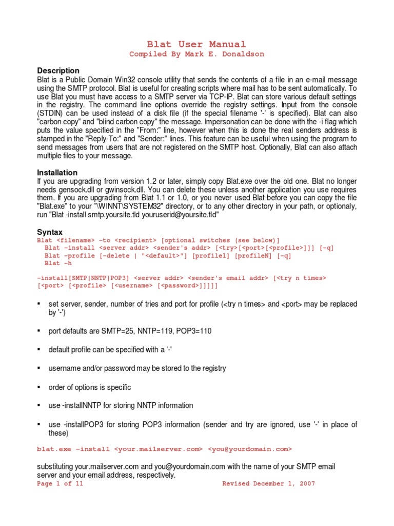 Blat User Manual | PDF | Windows Registry | Command Line Interface