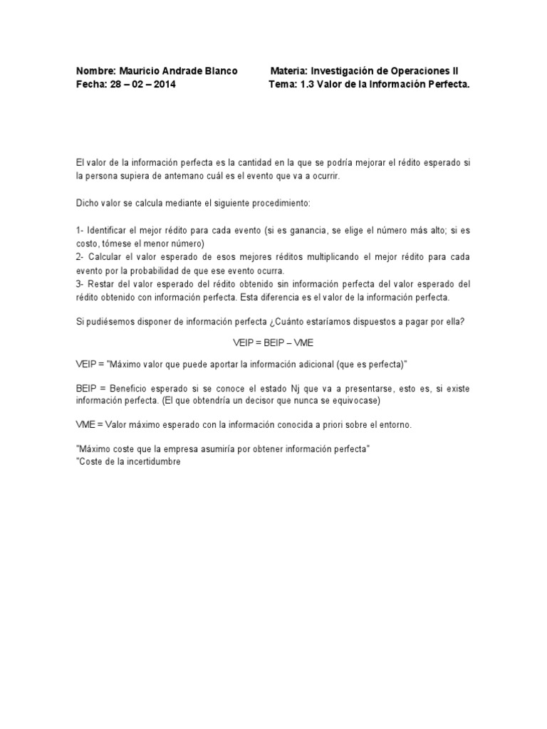 1.3 Valor de La Informacion Perfecta | PDF | Ciencias sociales