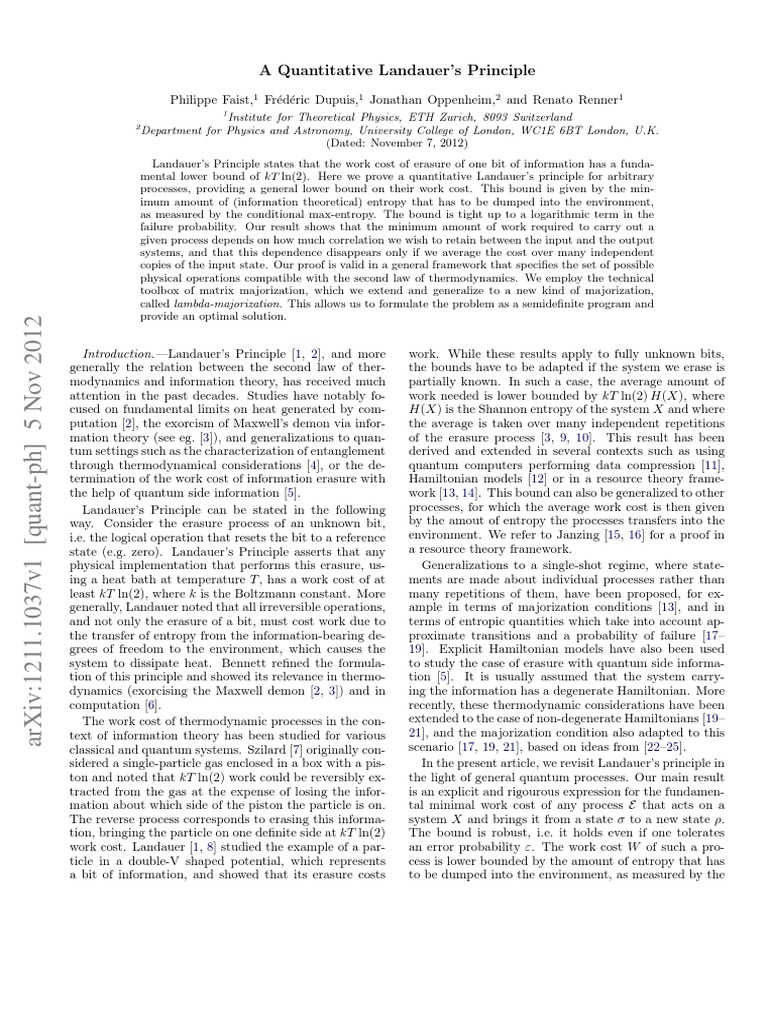 A Quantitative Landauer's Principle | PDF | Theoretical Physics | Physics