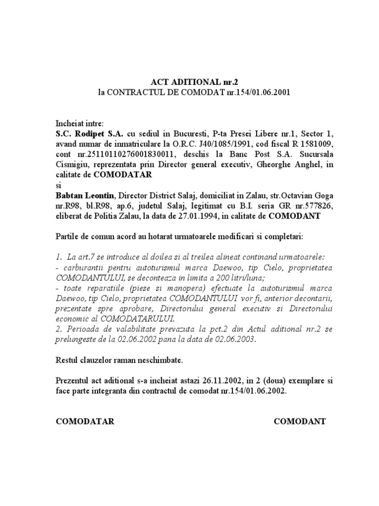 ACT ADITIONAL Contract Comodat | PDF