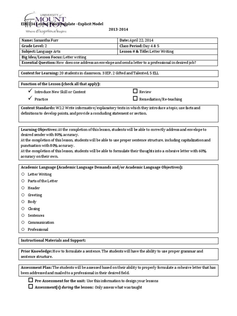 Edu234 Explicit Lesson Plan Template 201 | PDF | Educational Assessment ...