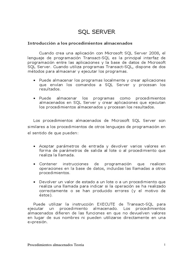 Procedimientos Almacenados SQLServer I | PDF | Servidor SQL de Microsoft | Recuperación de ...
