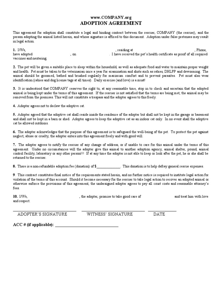 Pet Adoption Agreement Template | PDF | Animals And Humans | Government