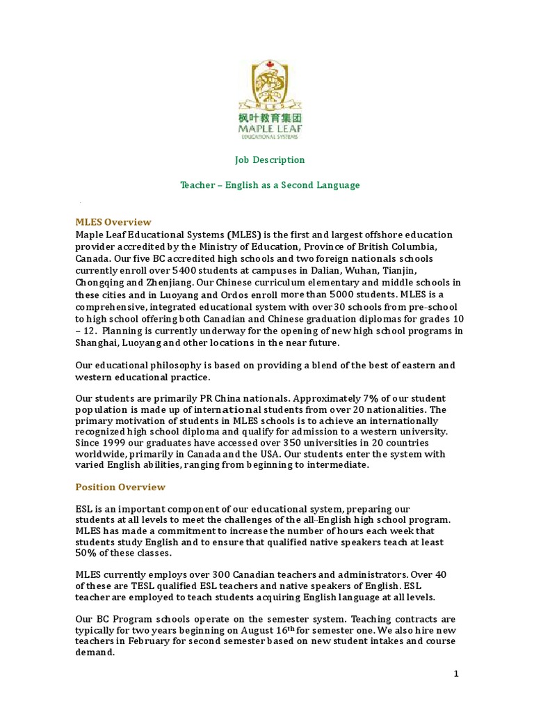 ESL Teacher Job Description at MLES | PDF | English As A Second Or ...