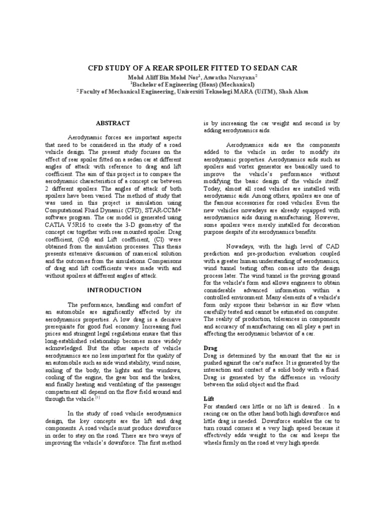 CFD Study For A Rear Spoiler For Sedan Car | PDF | Drag (Physics ...