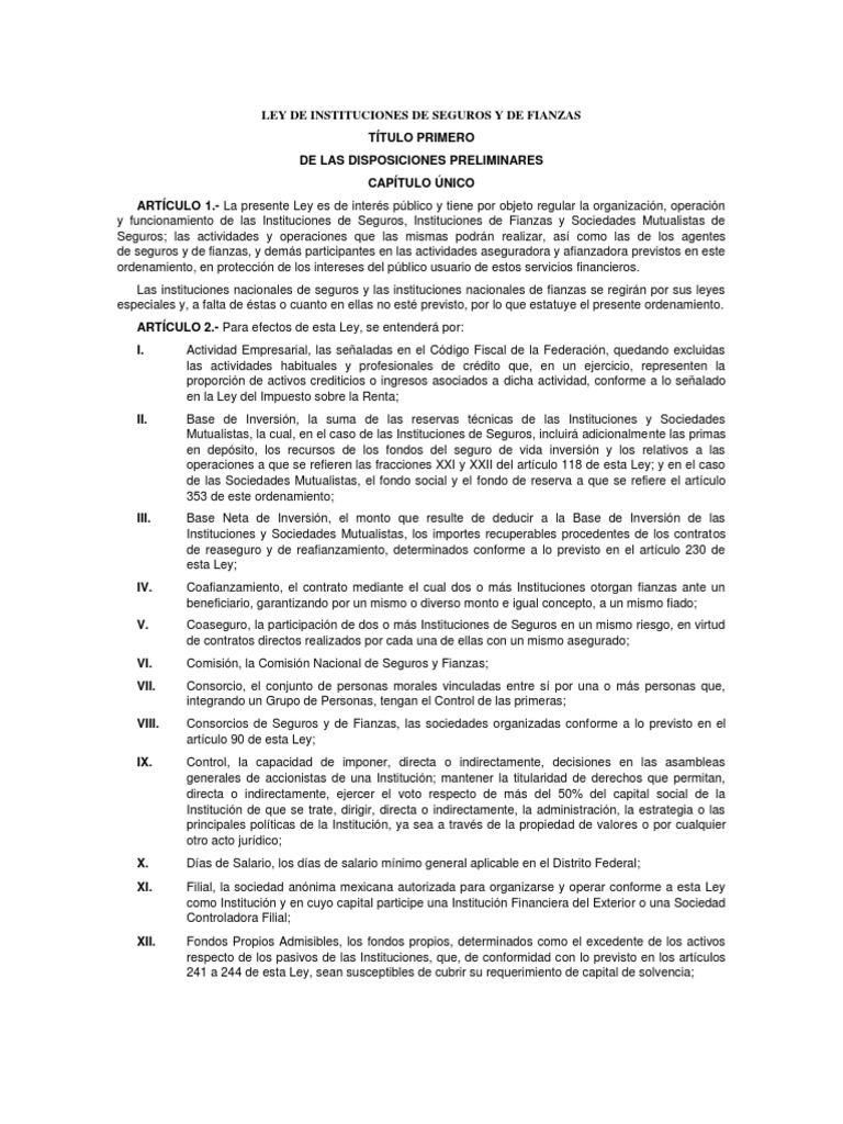 Ley de Instituciones de Seguros y Fianzas | PDF | Seguro | Institución