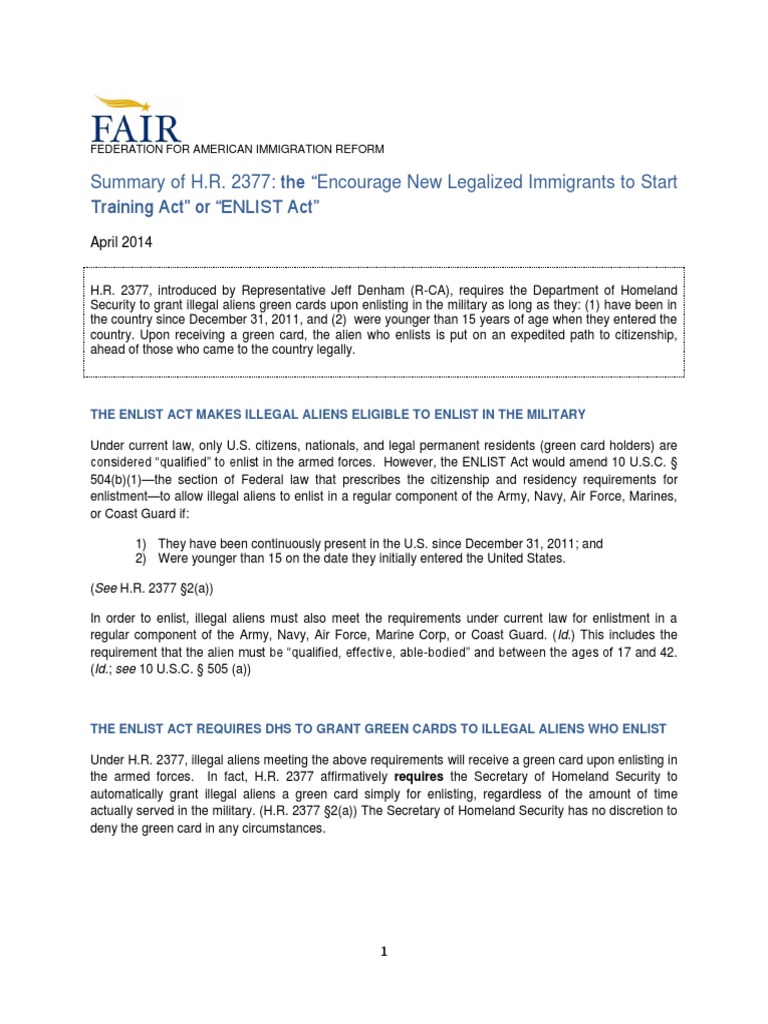 Summary of H.R. 2377: The "Encourage New Legalized Immigrants To Start ...