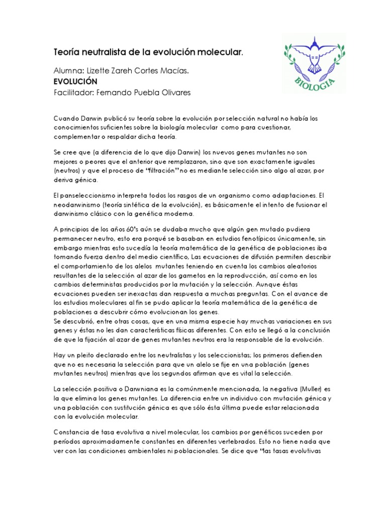 Teoría Neutralista de La Evolución Molecular | PDF | Evolución | Mutación