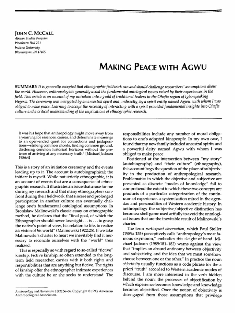 John McCall - Making Peace With Agwu | PDF | Ethnography | Anthropology