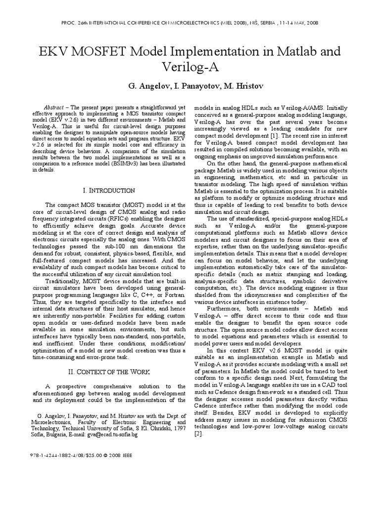 Ekv Mosfet Model Implementation In Matlab And Verilog A Pdf Field