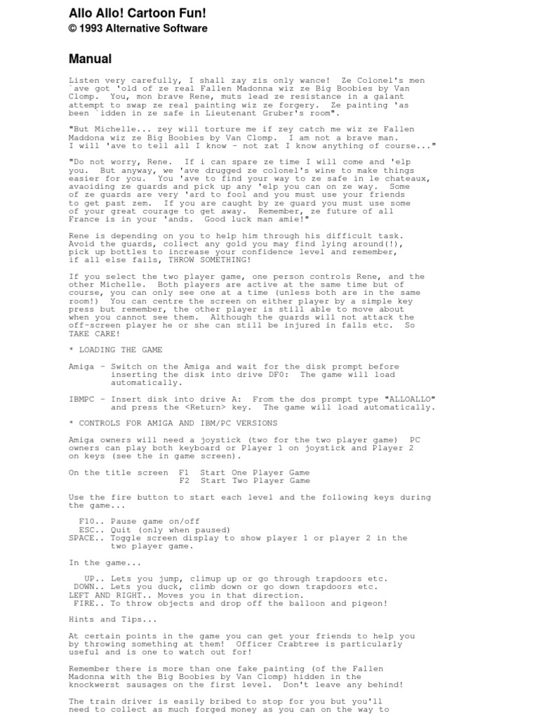 AMIGA - Allo Allo! Cartoon Fun! Manual | PDF | Microcomputers | Office ...