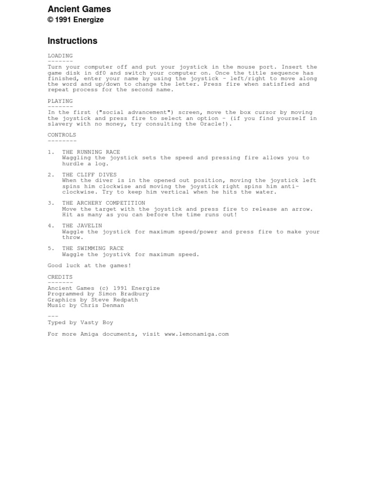 AMIGA - Ancient Games Instructions | PDF