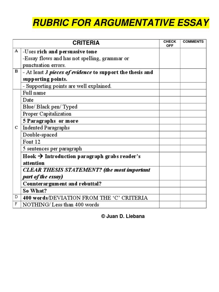Argumentativeessayrubric | PDF