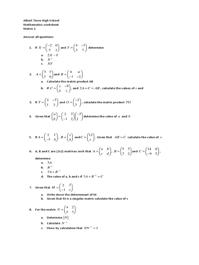 Matrix Operations Worksheet | PDF