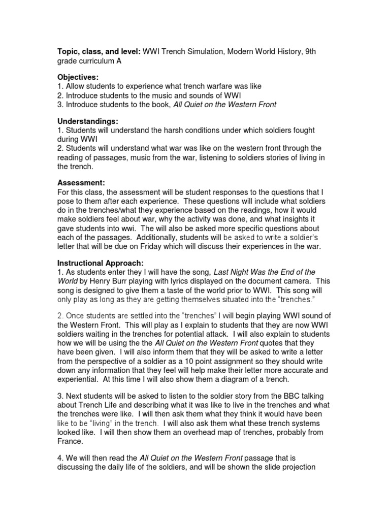 WWI Trench Experience for Students | PDF | Trench Warfare | World War I
