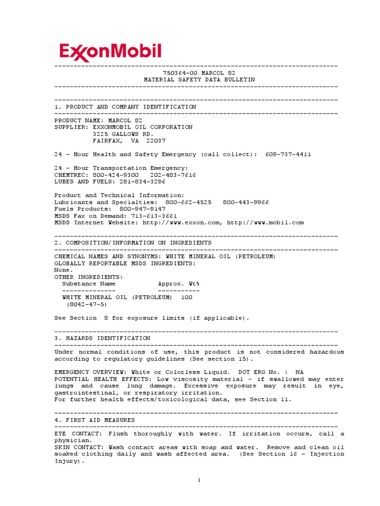 Marcol 82 MSDS | PDF | Hazardous Waste | Toxicity
