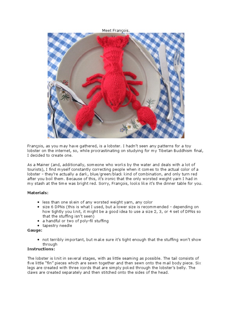 Lobster Plush Knitting Pattern | PDF | Knitting | Yarn