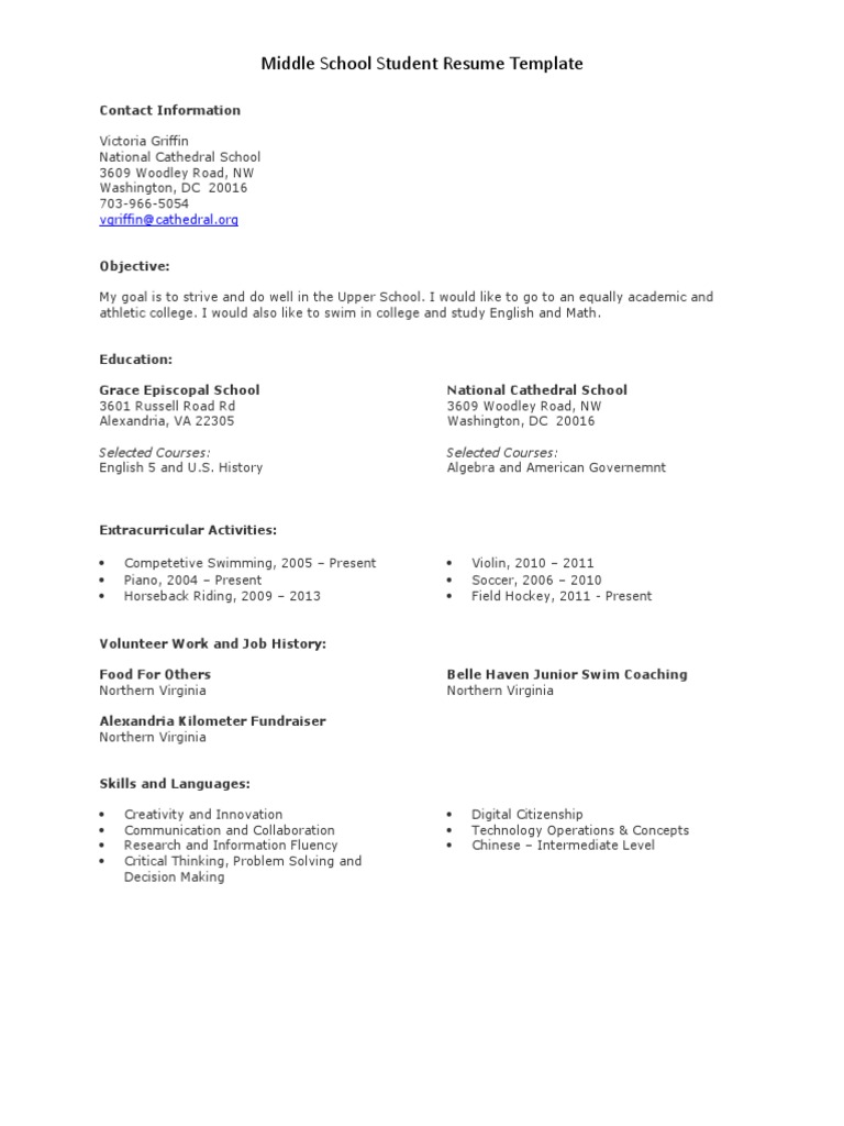 Middle School Student Resume Example | PDF