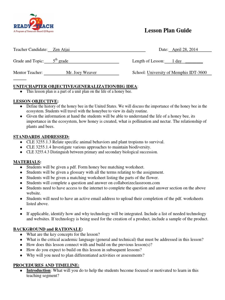 Edtpa Lesson Plan Honey Bee | PDF | Educational Assessment | Bees