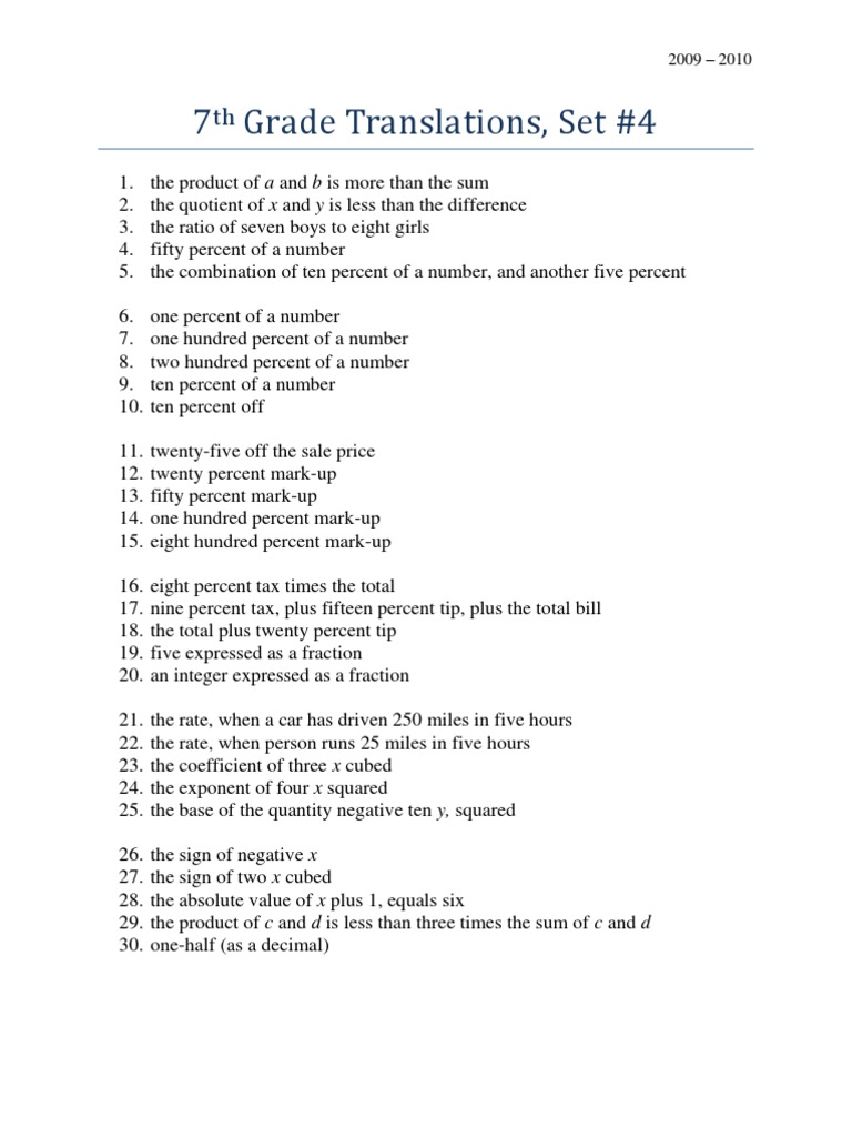 7th Grade Translations, Set 4 and KEY | PDF | Numbers | Percentage
