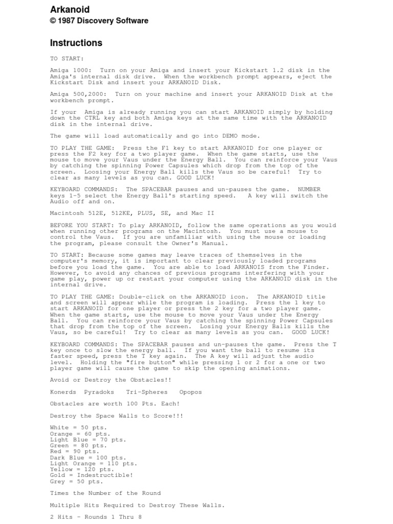 AMIGA - Arkanoid Instructions | PDF | Macintosh | Computing Platforms