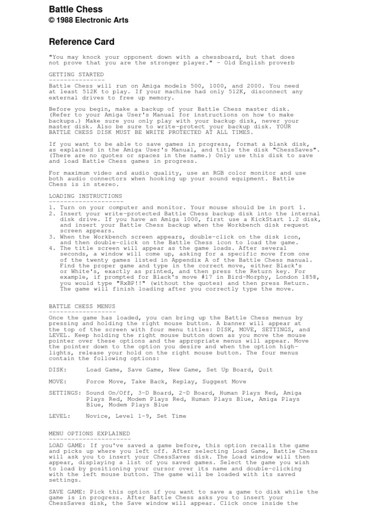 AMIGA - Battle Chess Reference Card | PDF | Menu (Computing) | Modem