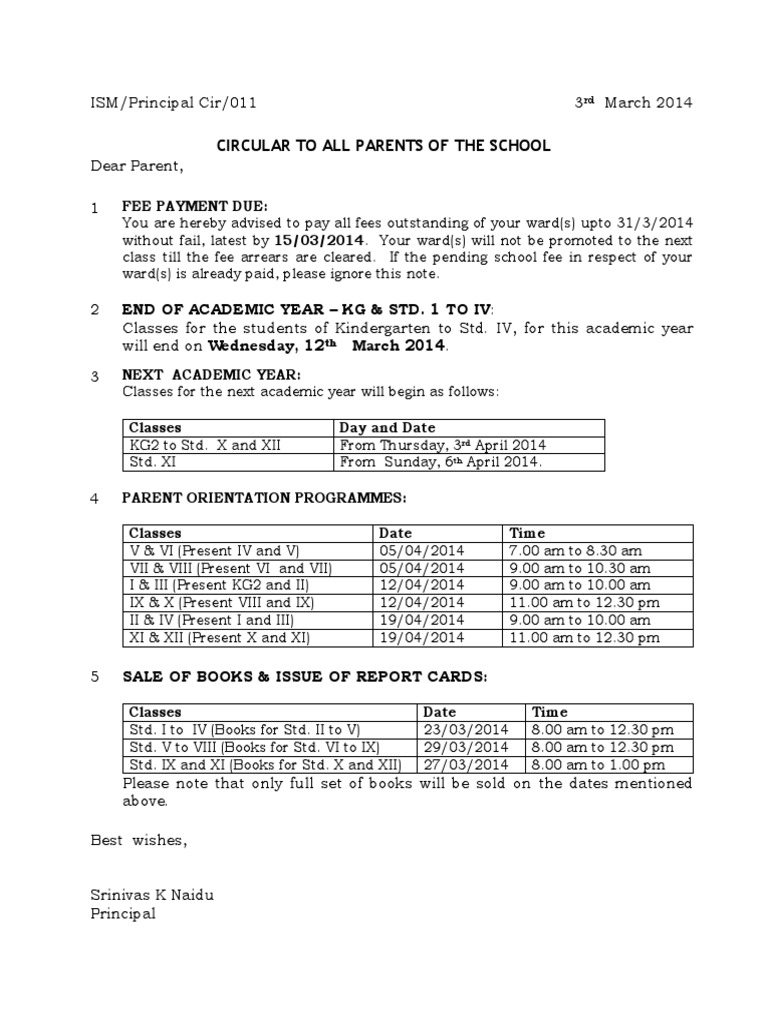 Circular To All Parents of The School: End of Academic Year - KG & Std ...