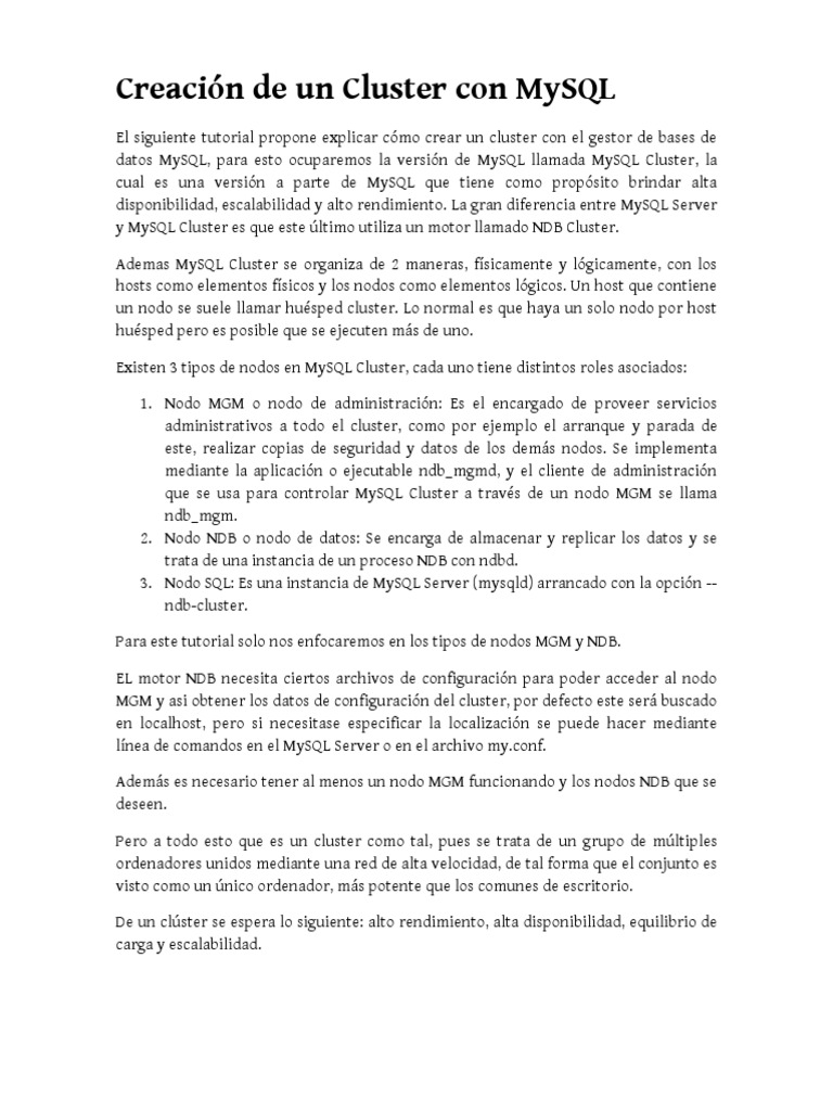 Creación de Un Clúster Con MySQL | PDF | Grupo de computadoras | Mi sql