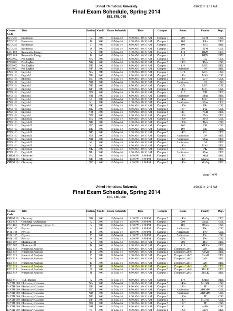 Final Exam Routine For Spring - 2014 | PDF | Electrical Engineering ...