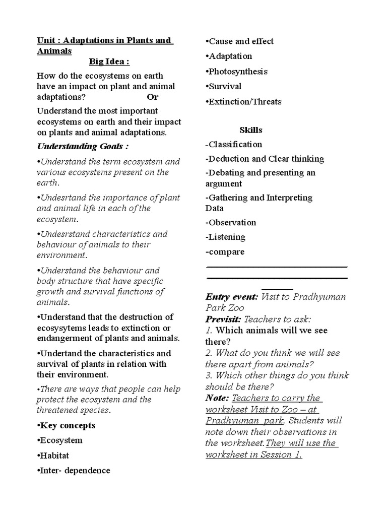 Lesson Plan - Animals Plants Adaptations | PDF | Adaptation | Natural ...