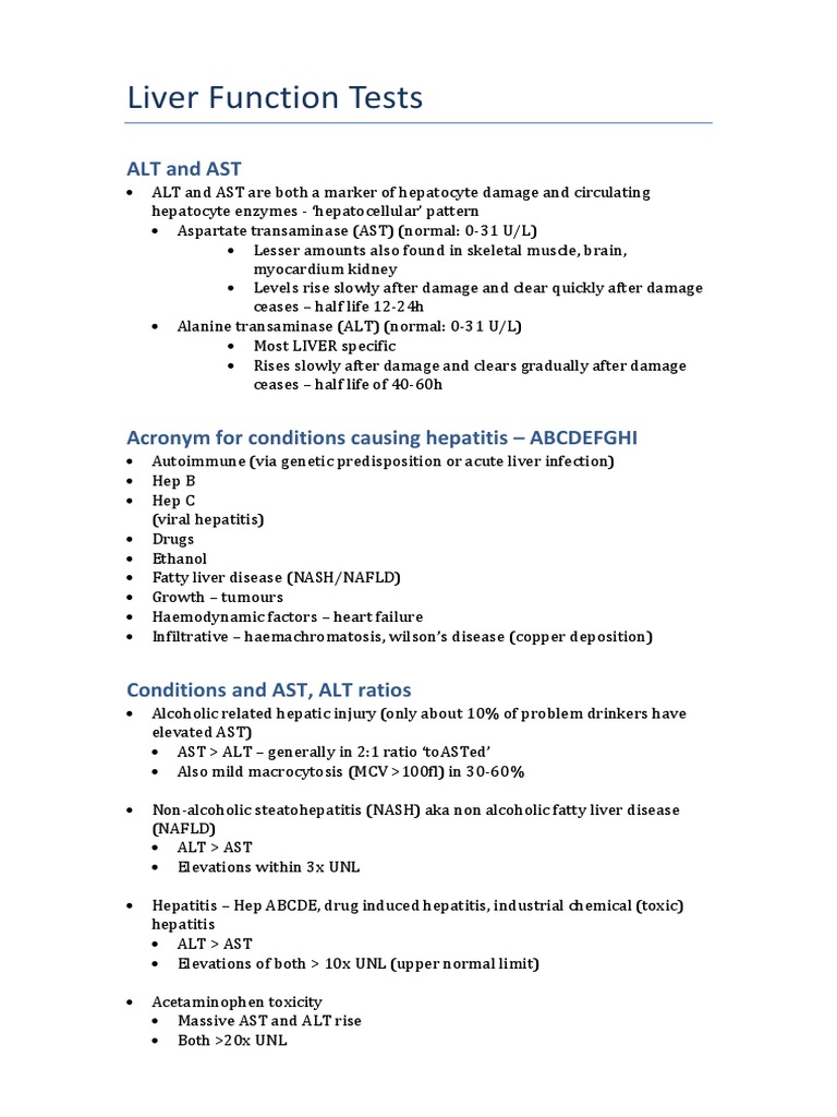Liver Function Tests Summary | PDF | Alanine Transaminase | Liver