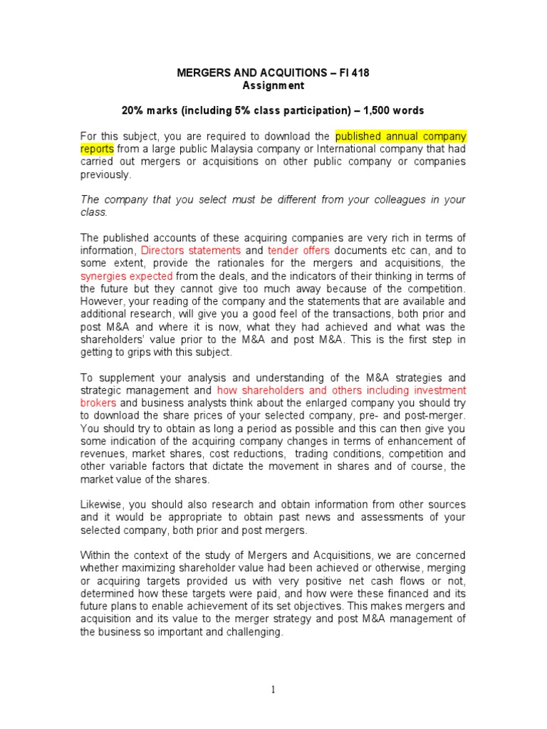M & A - Assignment | PDF | Mergers And Acquisitions | Economics