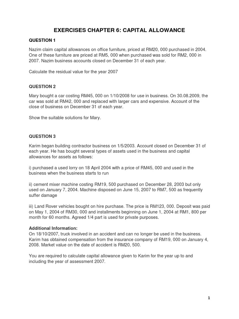 Exercises Chapter 6 Capital Allowance | PDF | Weighing Scale | Capital (Economics)