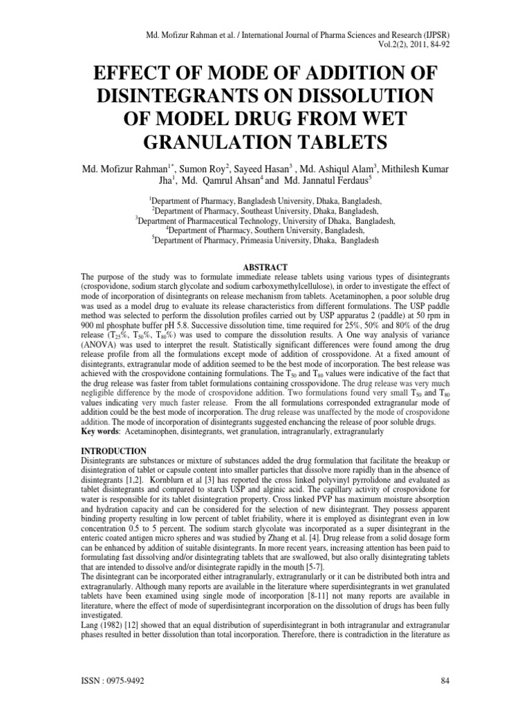 The Effect of Intragranular and Extragranular Addition of Disintegrants ...