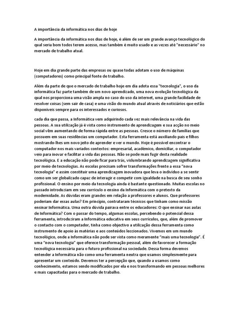 Importância da Informática Hoje | PDF | Tecnologia da Informação ...