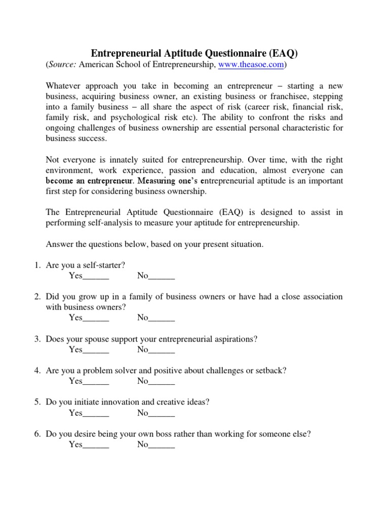 Entrepreneurial Aptitude Questionnaire | Entrepreneurship | Applied ...