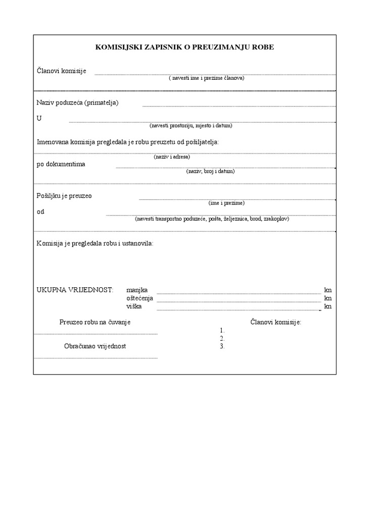 Komisijski Zapisnik o Preuzimanju Robe | PDF
