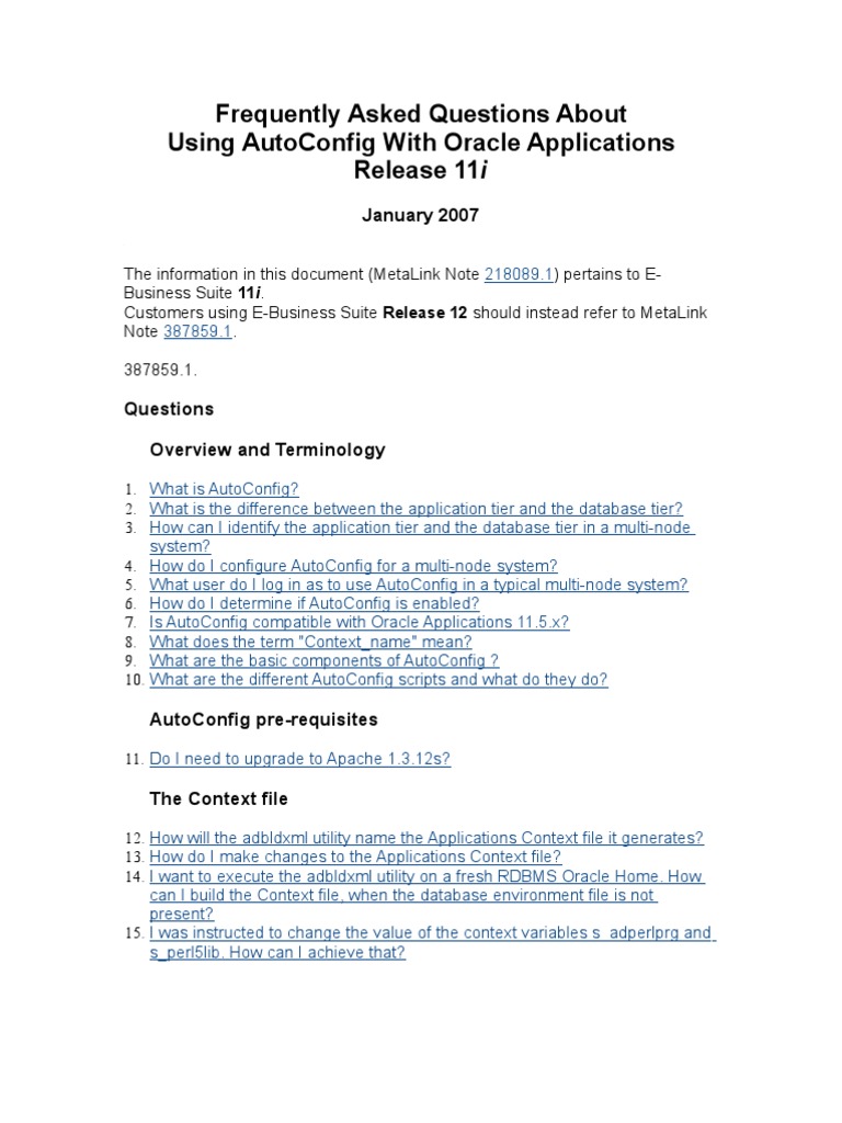 Frequently Asked Questions About Using Autoconfig With Oracle