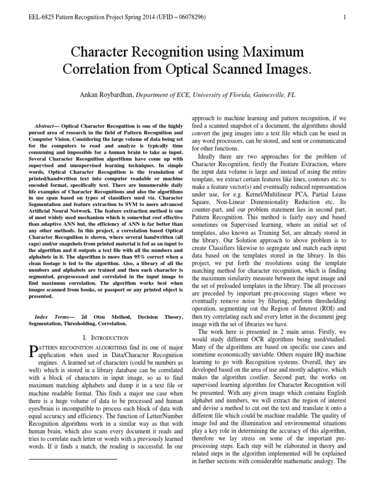 EEL6825-Character Recognition Algorithm Using Correlation. | PDF ...