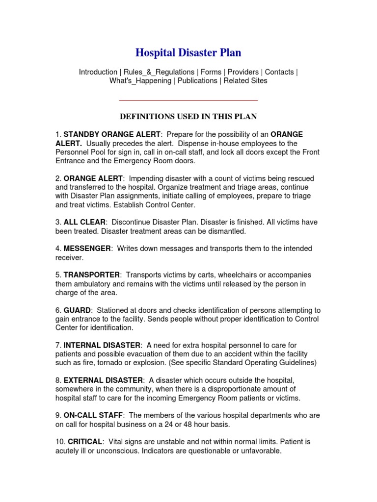 Hospital Disaster Plan Guide | PDF | Emergency Department | Nursing