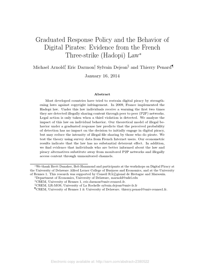 Graduated Response Policy and The Behavior of Digital Pirates: Evidence ...