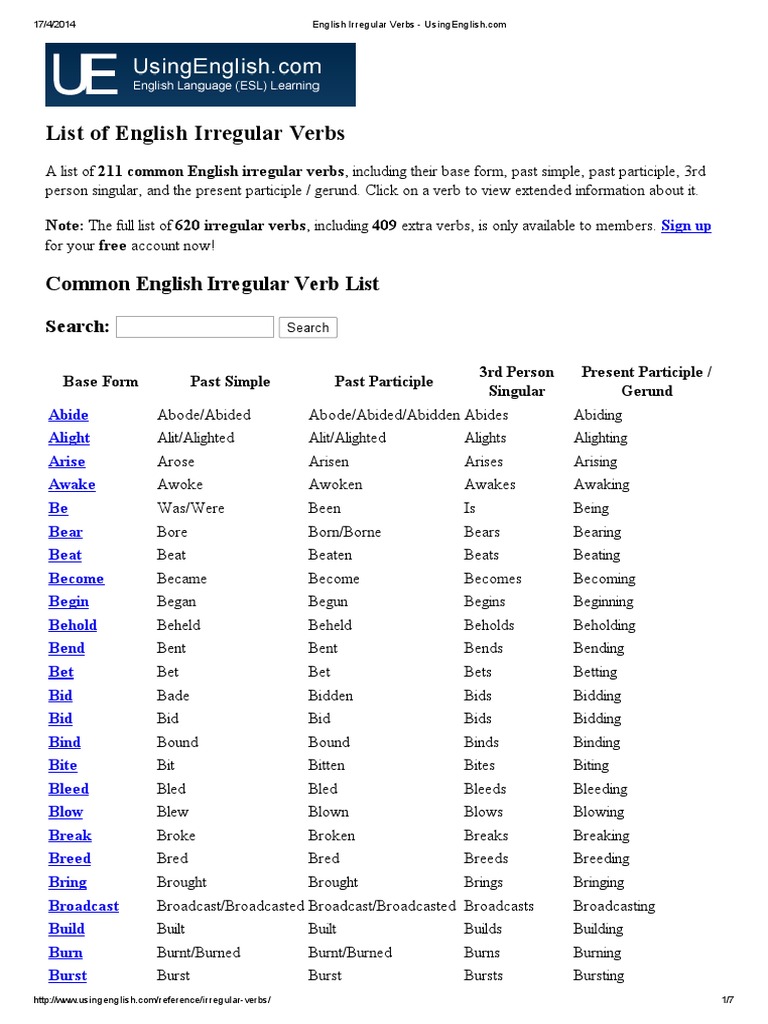 Usingenglishcom Verbs List Verb List