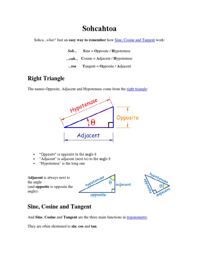 Sohcahtoa Right Triangle Pdf Trigonometric Functions Sine