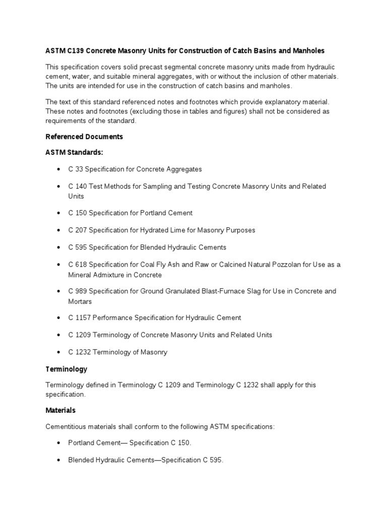 ASTM C139 Concrete Masonry Units For Construction of Catch Basins and ...